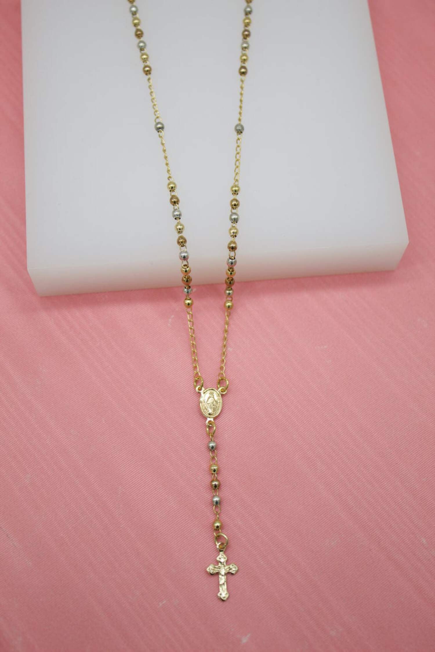 Catholic Gold Bead Rosary With Crucifix And Virgin Mary Charm (F30B ...