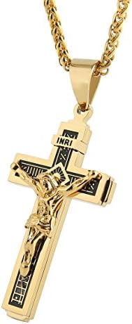 Catholic Jesus Christ on INRI Cross Crucifix Gold Silver Tone stainless ...