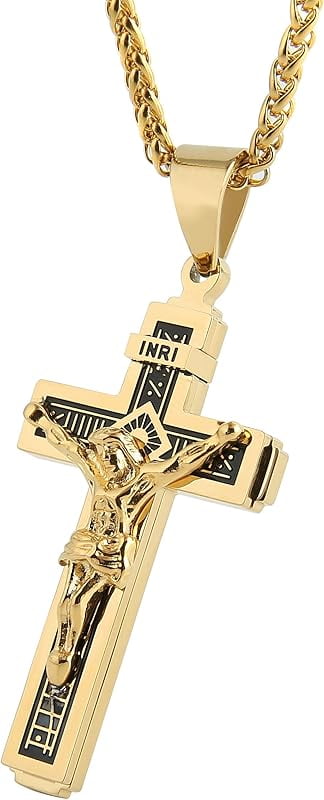 Catholic Jesus Christ on INRI Cross Crucifix Gold Silver Tone stainless ...