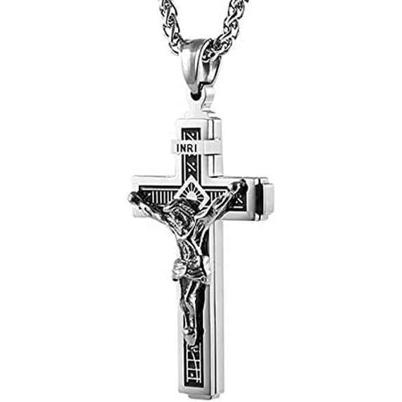 Catholic Jesus Christ on INRI Cross Crucifix Gold Silver Tone stainless ...