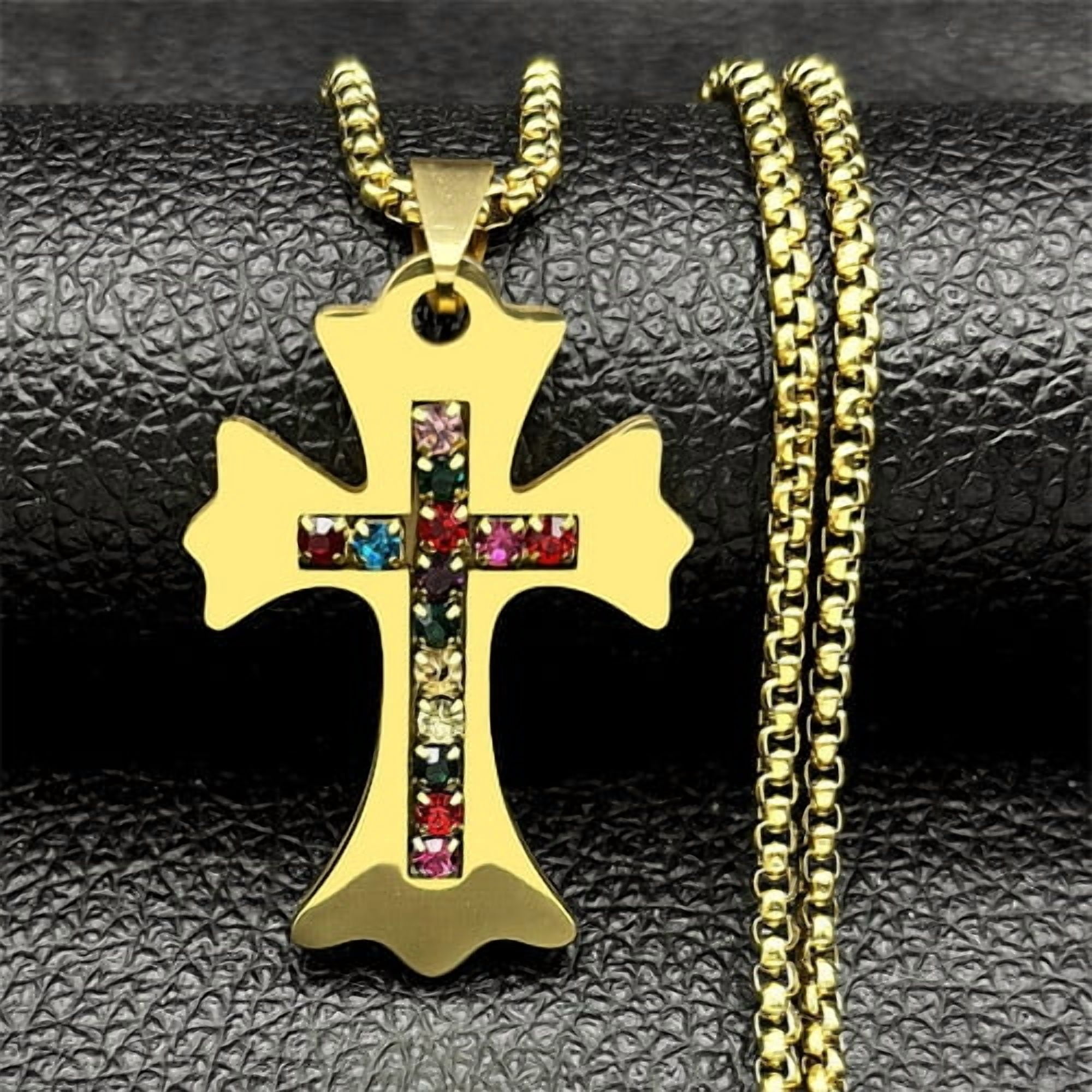Catholic Jesus Cross 14K Yellow Gold Necklace Saint Benedict Crystal ...