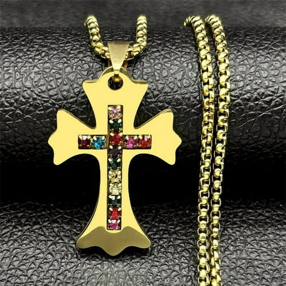 Catholic Jesus Cross 14K Yellow Gold Necklace Saint Benedict Crystal ...