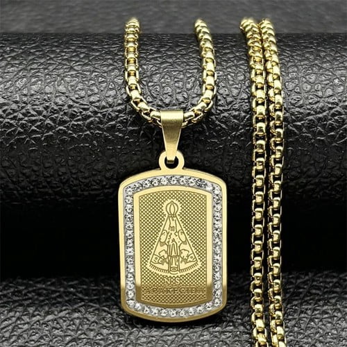 Catholic N. Sra. Aparecida Necklace for Men Women Rhinestone 14K Yellow ...