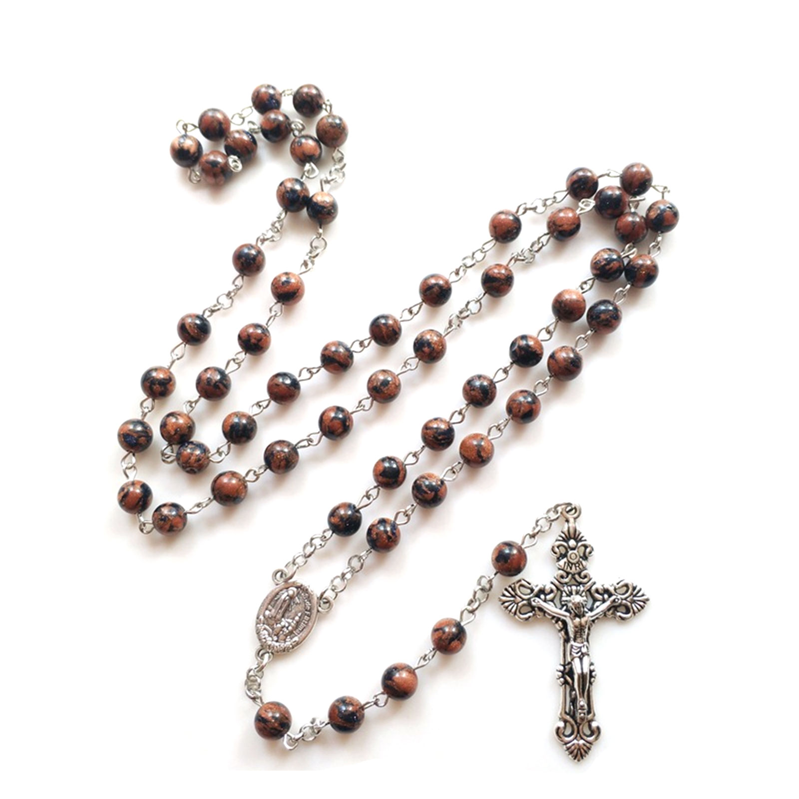 Catholic Rosary Necklace Natural Sand Beads Pendant Long Chain for Men ...