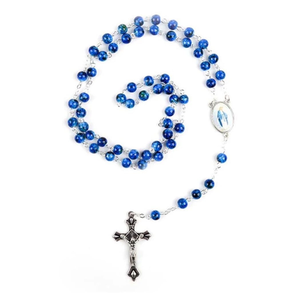 Catholic Rosary Necklace Round Glass Beaded Prayer Long Chain Cross ...