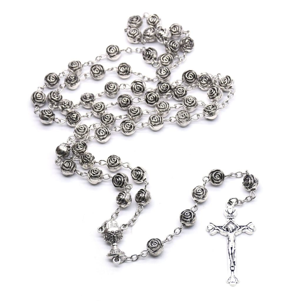 Catholic Rose Rosary Necklace Cross Pendant Beaded Necklaces Religious ...