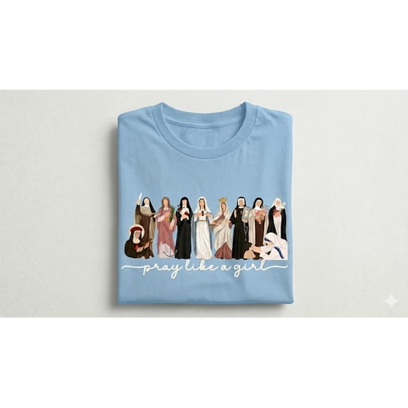 Catholic Saint Pray Like A Girl Christian Tee, marian cross shirt ...