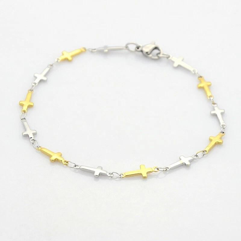 Catholic Stainless Steel Cross Link Chain Bracelet Lobster Gold Silver ...