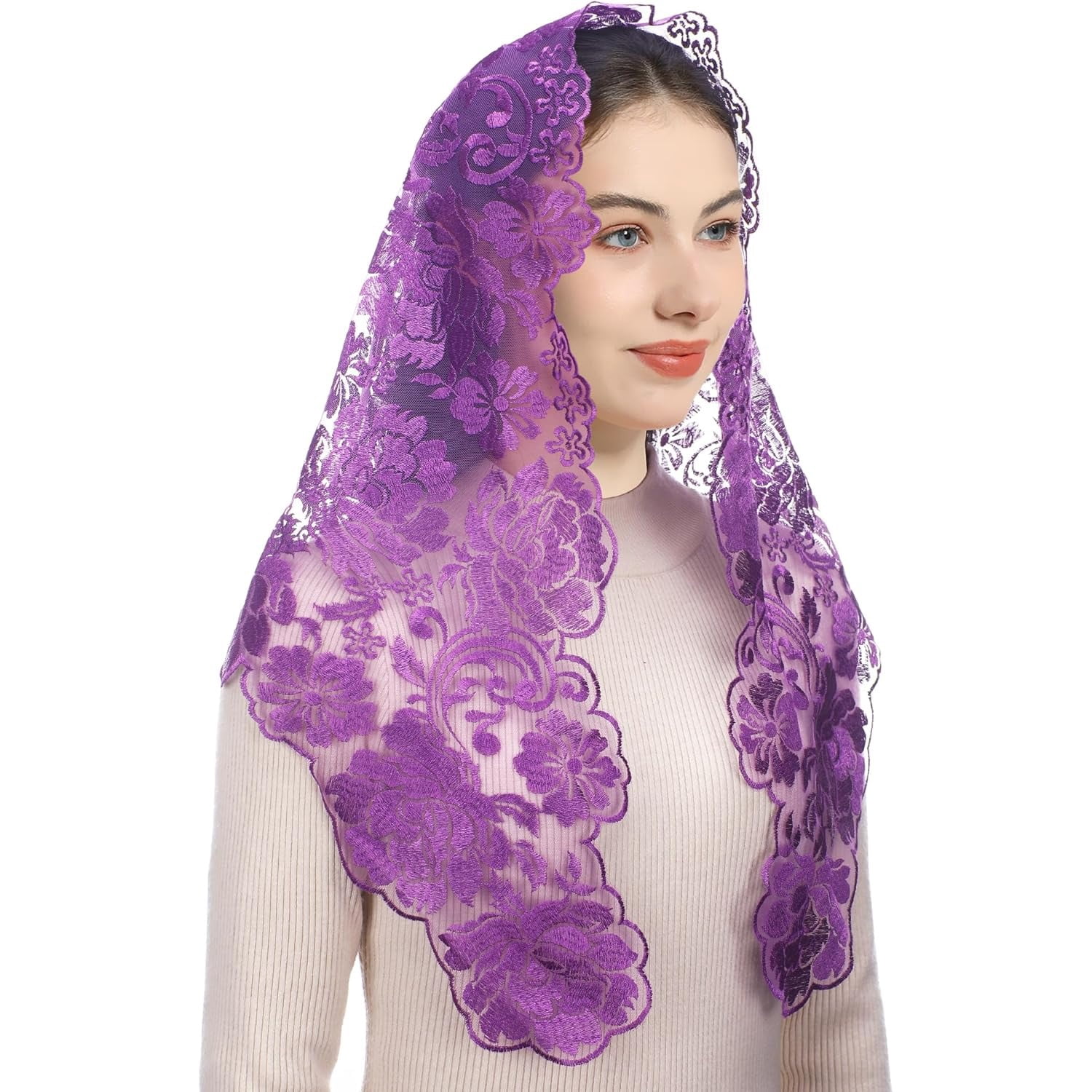 Catholic Veils for Women Mass, Triangle Floral Chapel Veil Lace ...