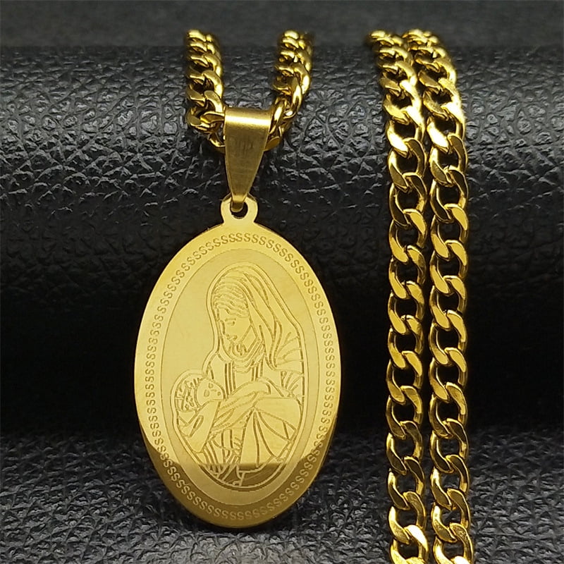 Catholic Virgin Mary Medal 14K Yellow Gold Necklace for Women Men ...