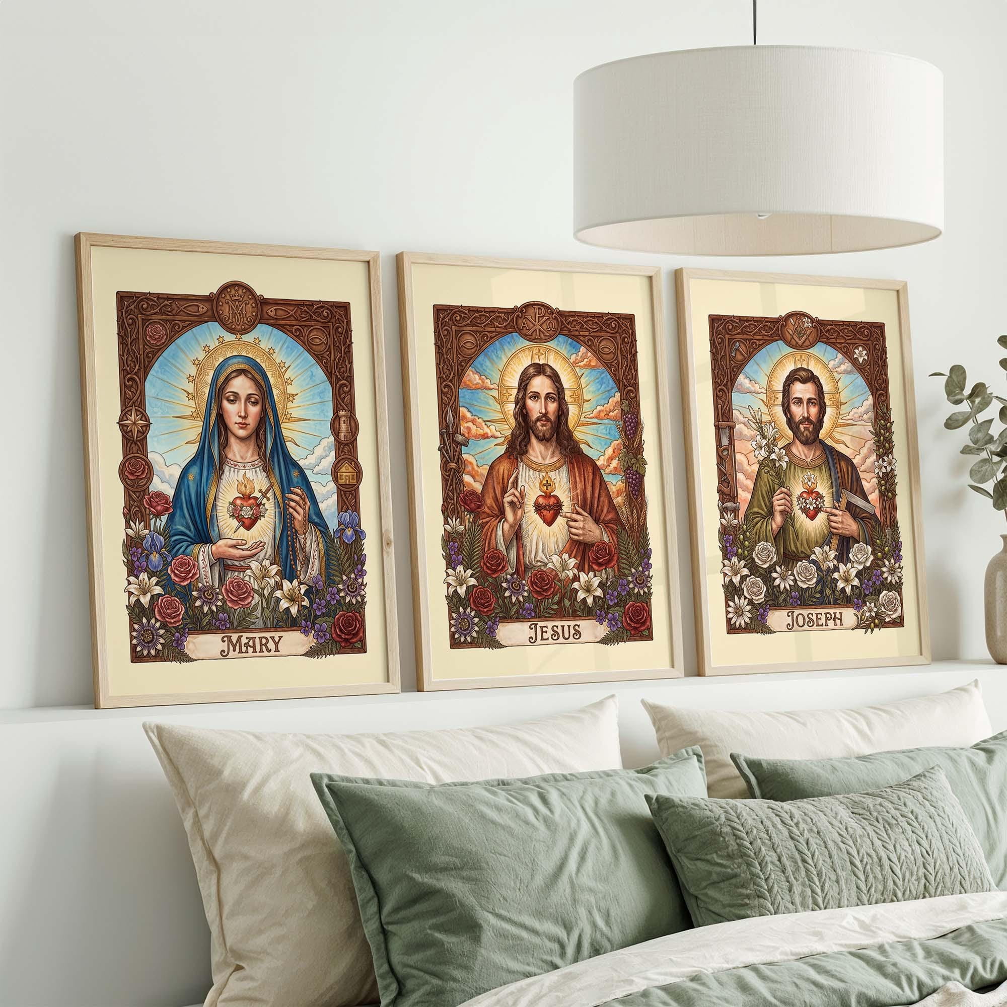 Catholic Wall Art Jesus Mary Joseph Prints Sacred Heart Poster Set ...
