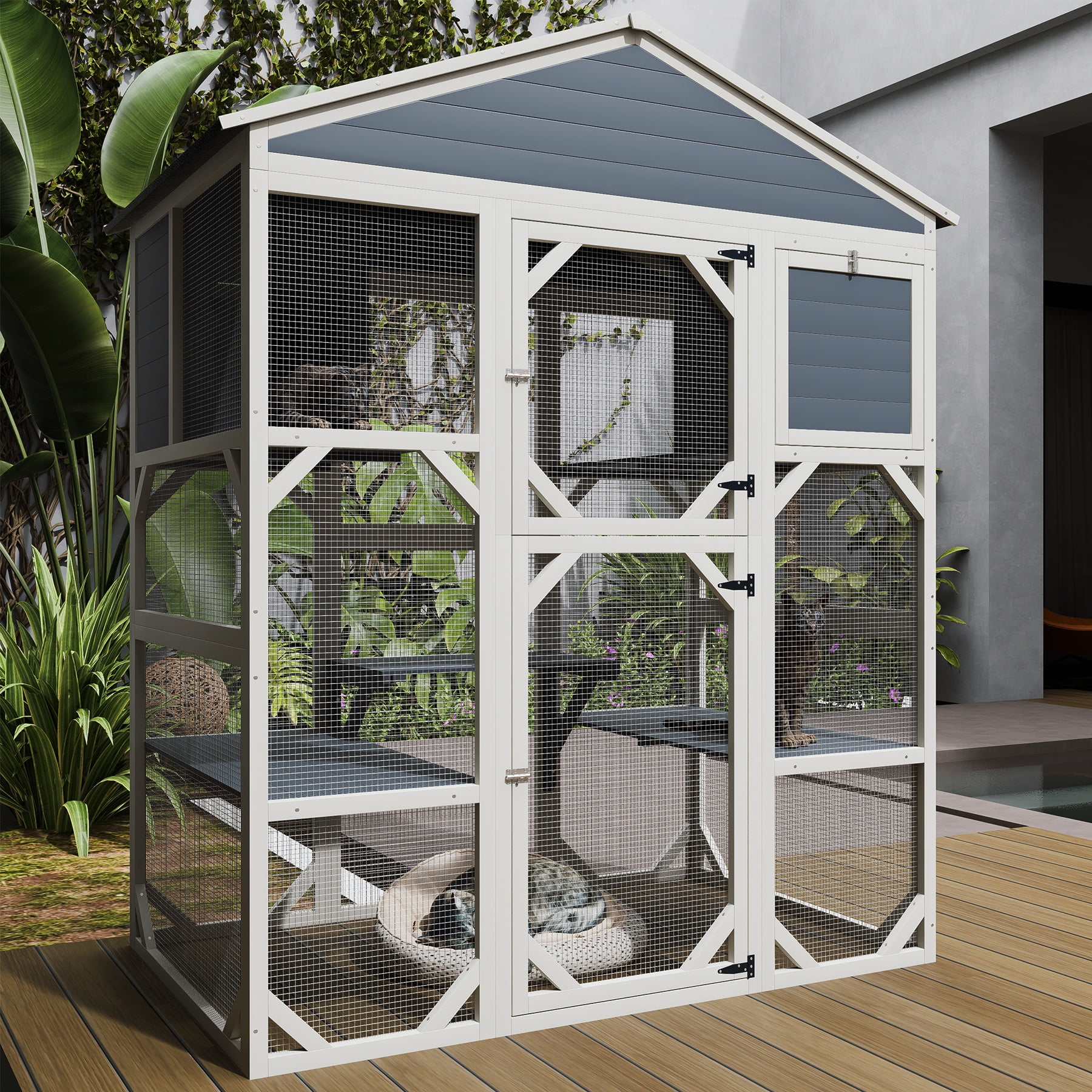 Seizeen Outdoor Cat House, Walk-in Catio Enclosure w/Dark Panel Top ...