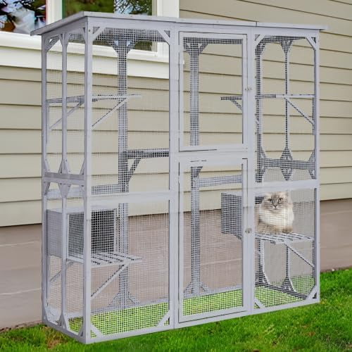 Catio Outdoor Cat Enclosure with Roof 72" Tall Wooden Cat House Large ...