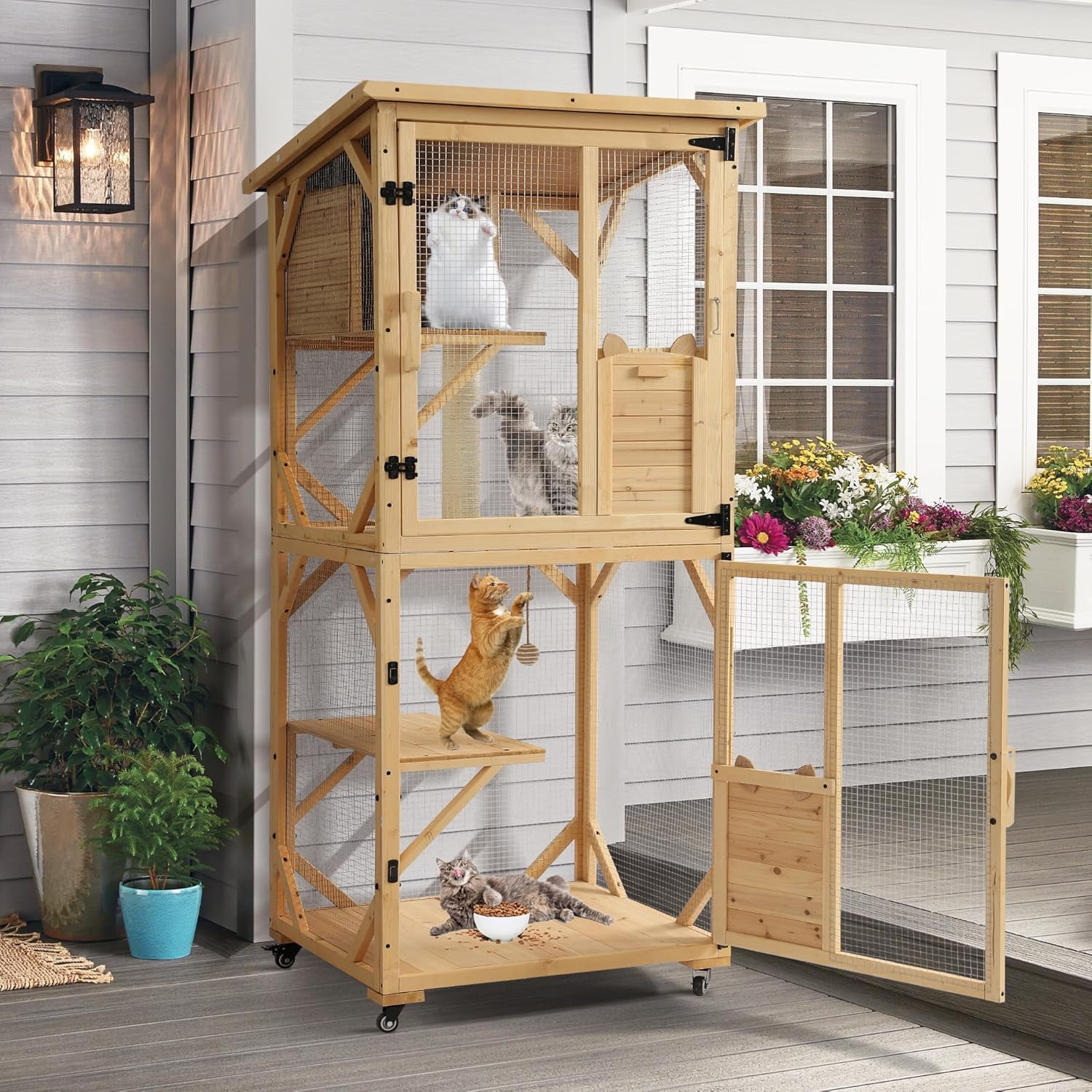 Catio Outdoor Cat Enclosure with Scratcher - 4-Tier Large Indoor Wooden ...