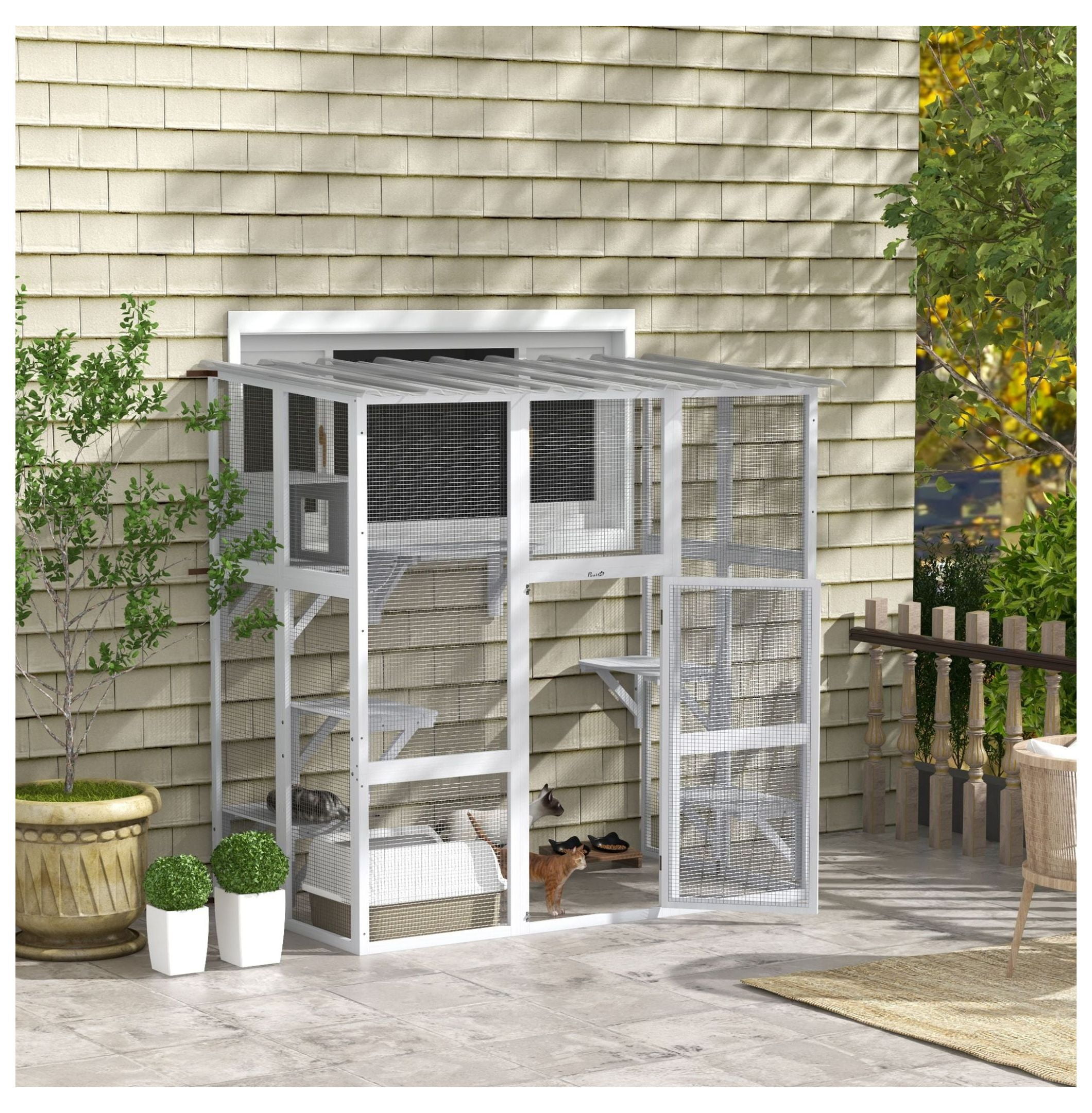 Catio Outdoor Cat Enclosure, Window Box Cat House with Bridge, White ...