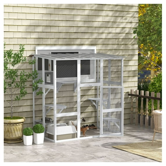 Catio Outdoor Cat Enclosure, Window Box Cat House with Bridge, White ...