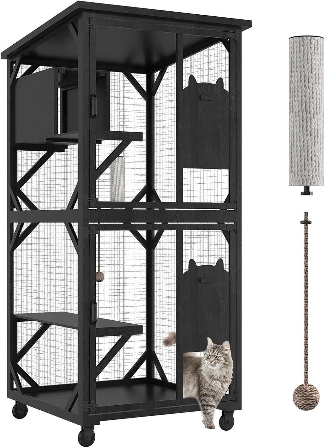 Catio Outdoor Cat Enclosure with Roof - Large Wooden Cage, 71" H, 3 ...