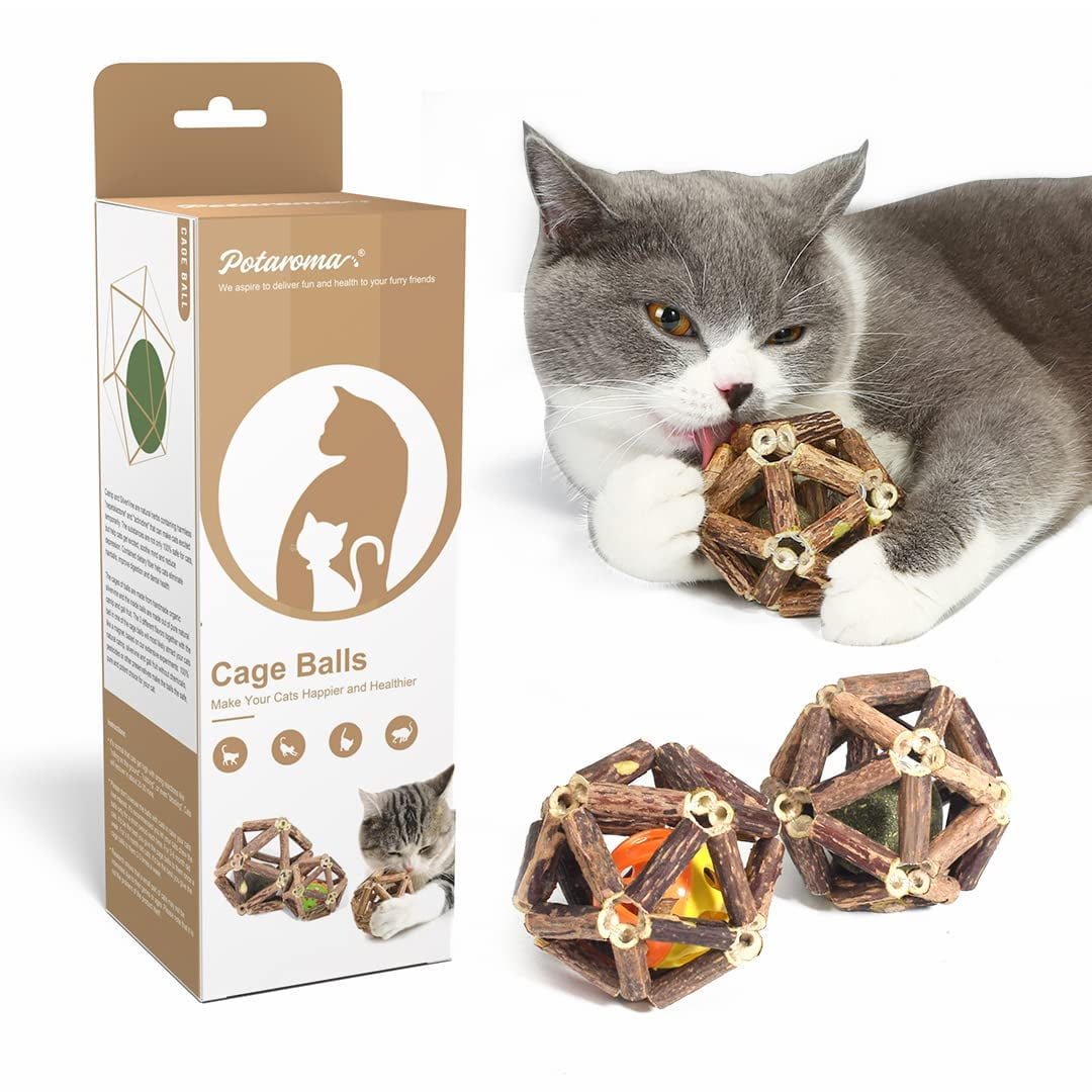 Catnip Toys, 3Pcs Cat Toys Natural Silvervine Stick Cage Balls & Bell ...