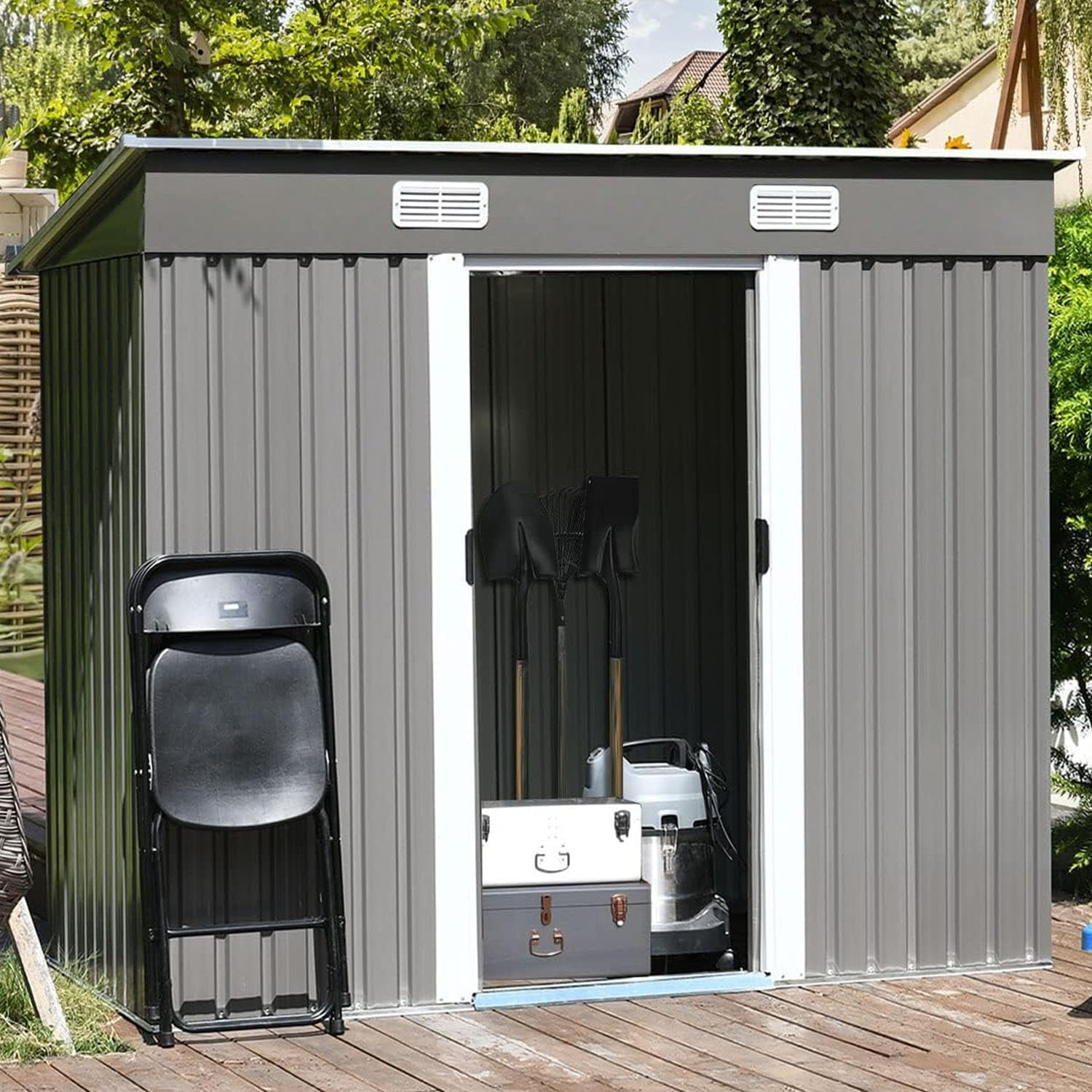 8 x 4 FT Metal Outdoor Shed, Waterproof Storage with Sliding Doors ...