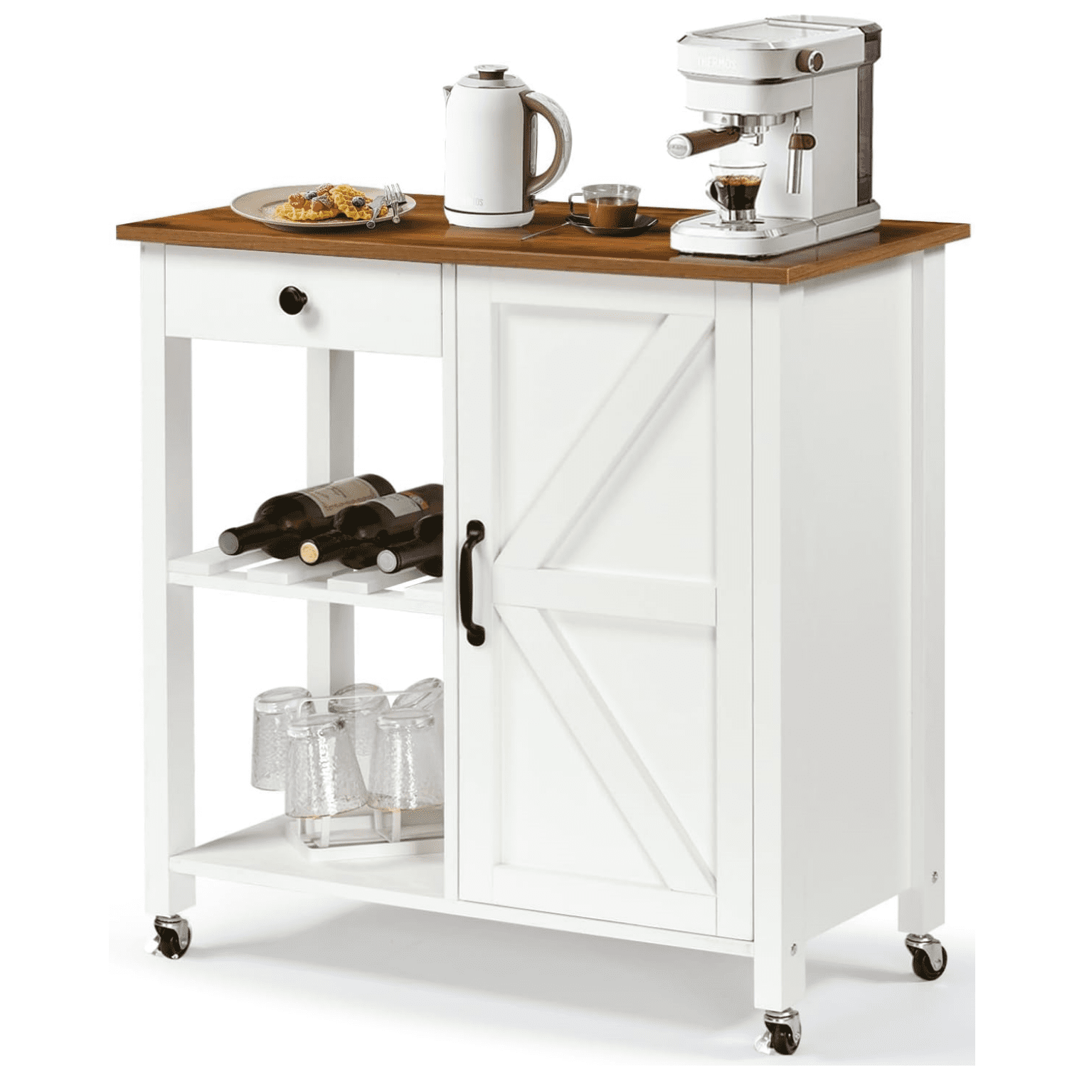 Catrimown Farmhouse Kitchen Cart, Rolling Microwave & Coffee Station ...