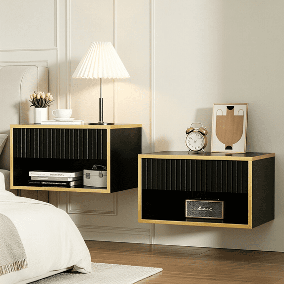 Catrimown Set of 2 Black & Gold Floating Nightstands, Wall Mounted ...