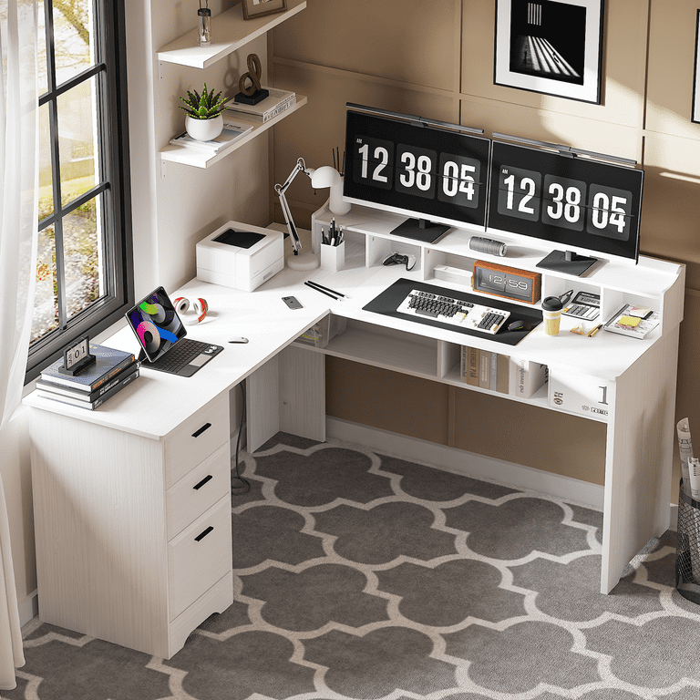 Catrimown White L Shaped Desk with Drawers 60 Inch Corner Computer Desk with Power Outlet and USB Ports Wooden Home Office Desk with File Cabinets