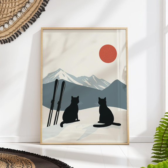 Cats And Ski Mountains Print - Winter Adventure Art - Animal Wall Decor ...