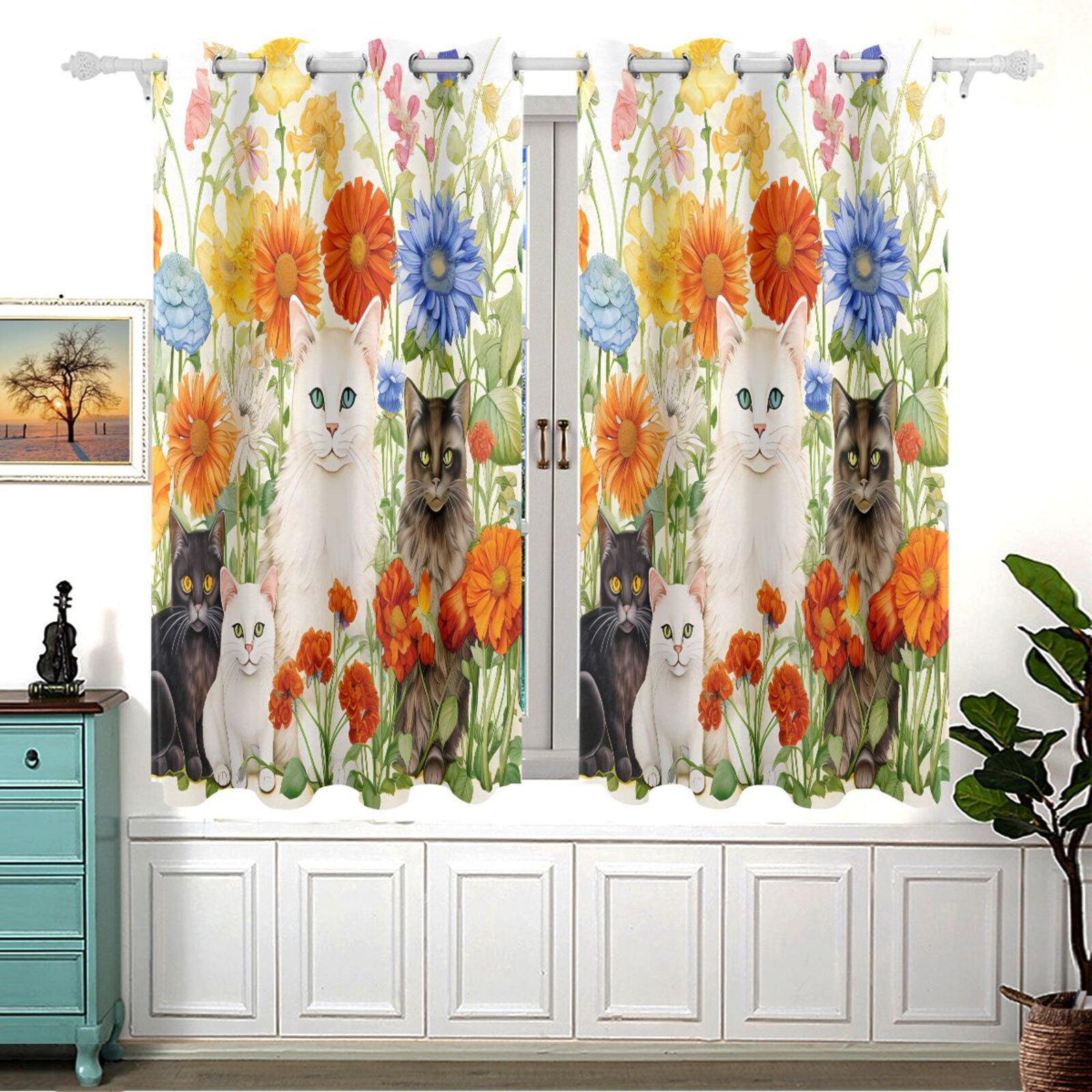 Cats Around Flowers Leaves Black Out Curtains Aesthetic for Bedroom ...