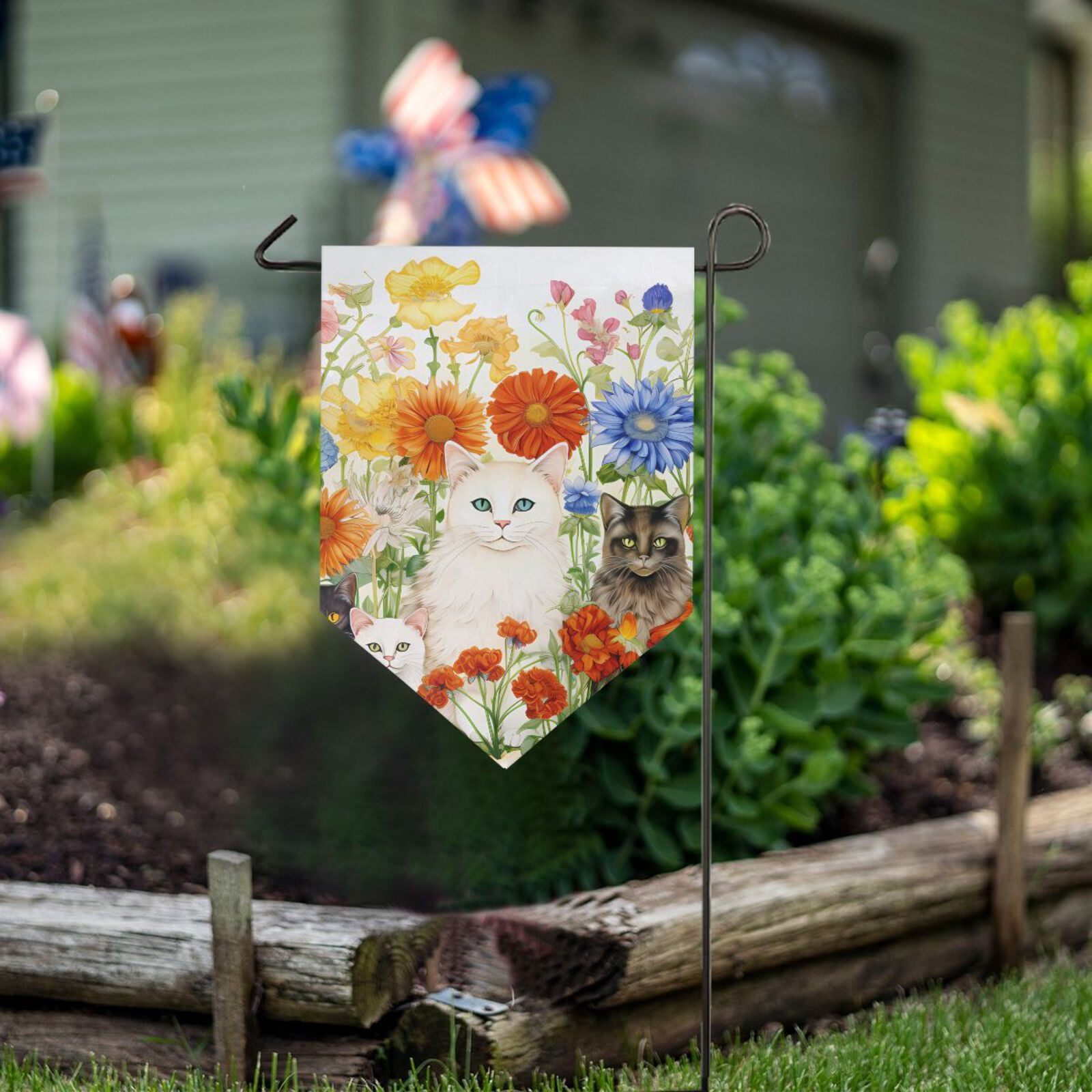 Cats Around Flowers Leaves Garden Flag 18" x 12.5" Double Sided Yard ...
