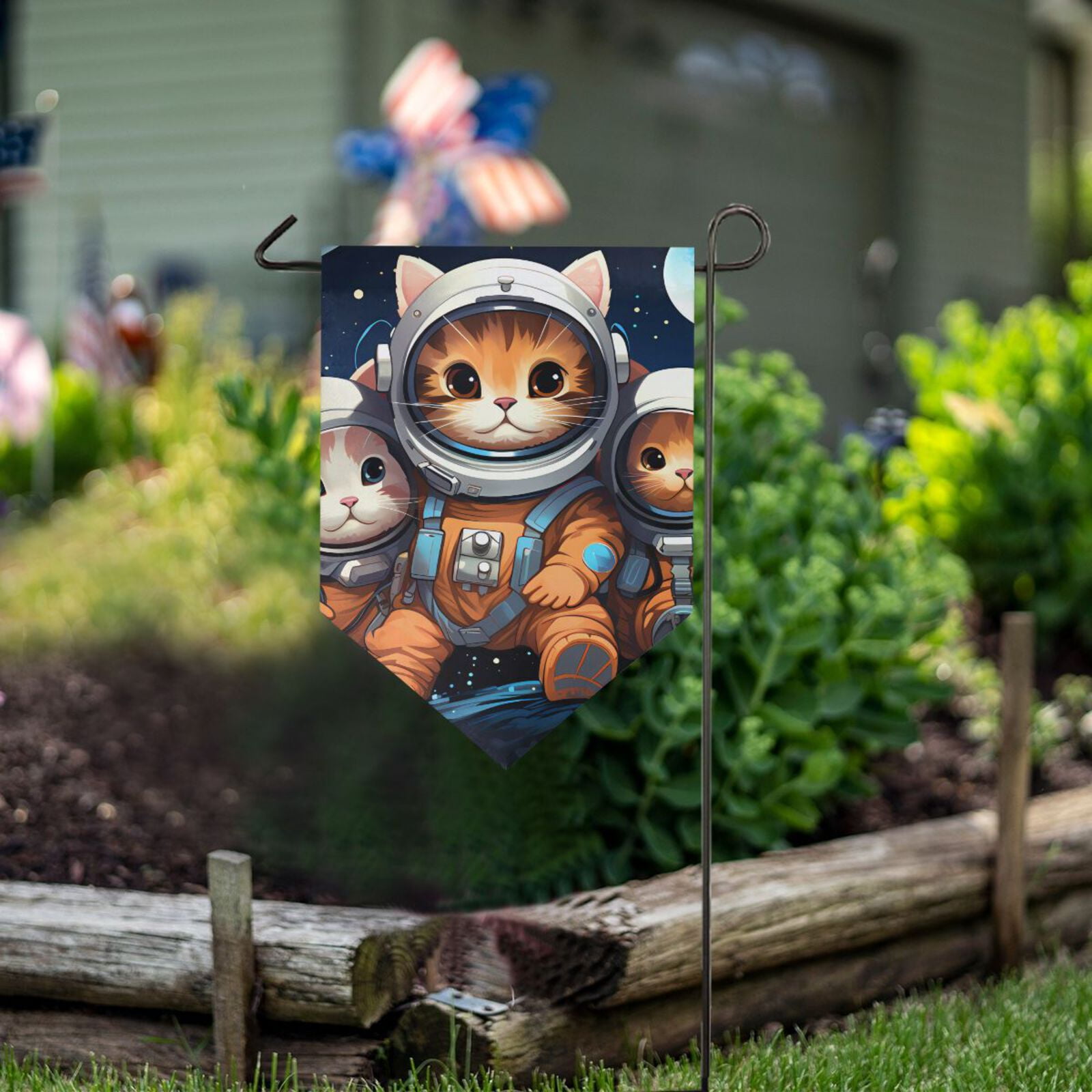 Cats Astronauts Cave Planet Garden Flag 18" x 12.5" Double Sided Yard ...