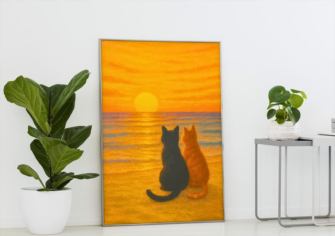 Cats At Sunset Poster: Romantic Cat Couple, Coastal Home Decor ...