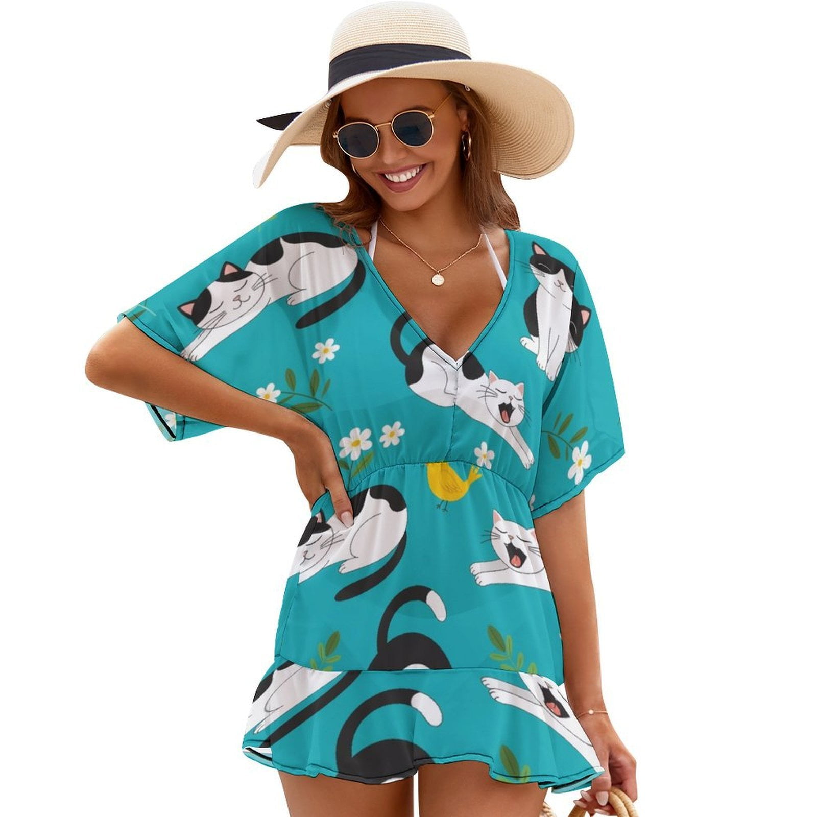 Cats Birds Flowers Teal Background Pattern Women's Luxury Party Dress ...