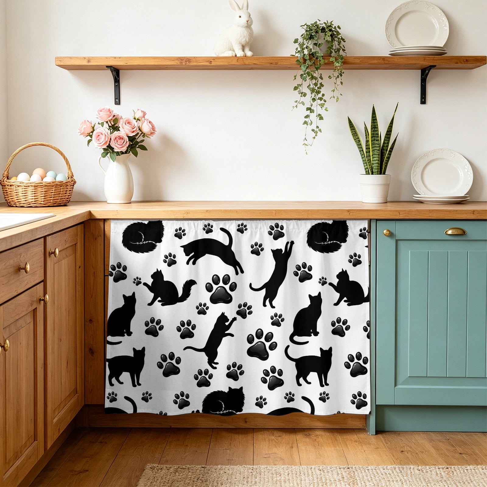 Cats Black Claws Cabinet Curtains 28" W x 35" L White Background ...