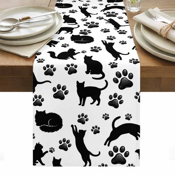 Cats Black Claws Cotton Linen Table Runner White Background Abstract ...