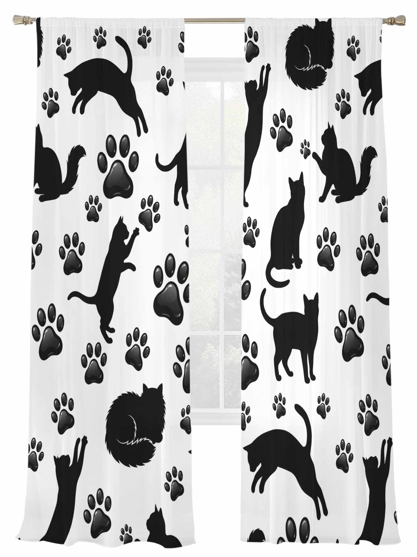 Cats Black Claws Sheer Curtains 2 Panels Set White Background Abstract ...