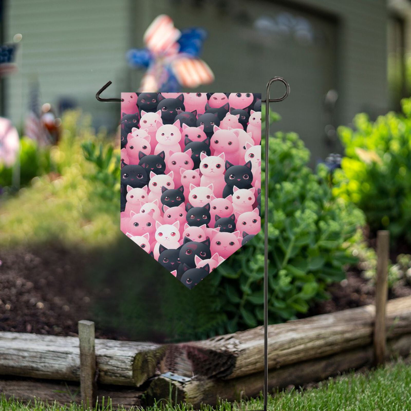 Cats Black Pink Cartoon Garden Flag 18" x 12.5" Double Sided Yard Lawn ...