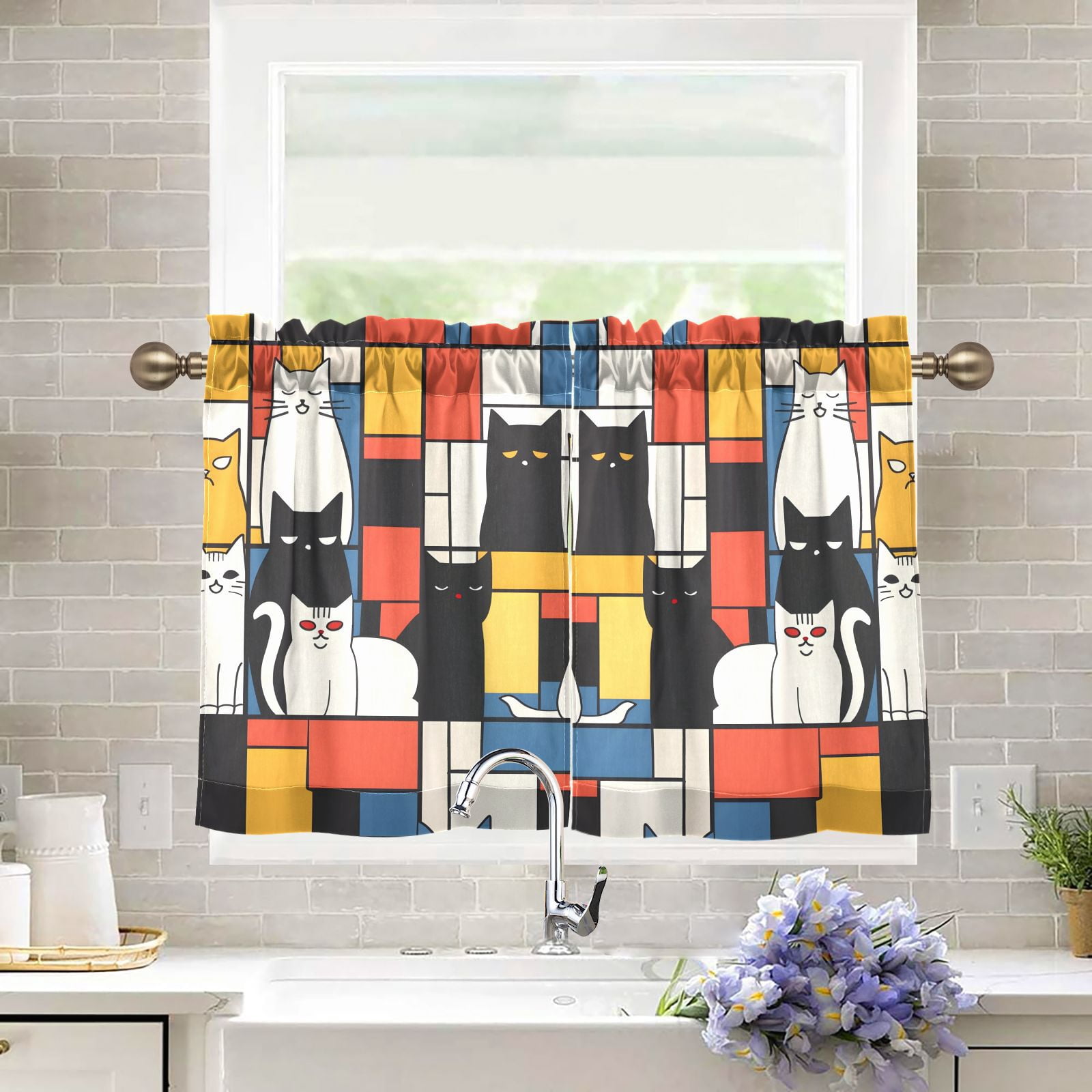 Cats Blocks Kitchen Curtains Half Tier Curtain 2 Rod Pockets Bathroom ...