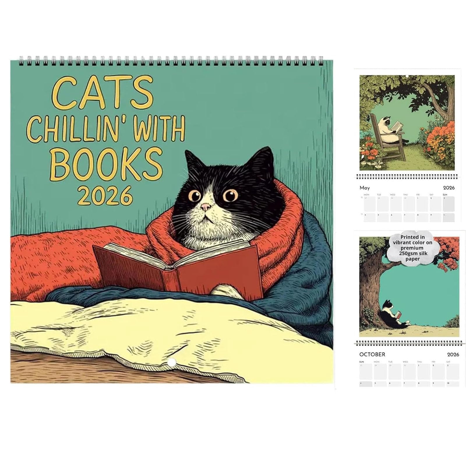 Cats with Books 2026 Wall Calendar, Cat-Themed Monthly Planner, Cat ...