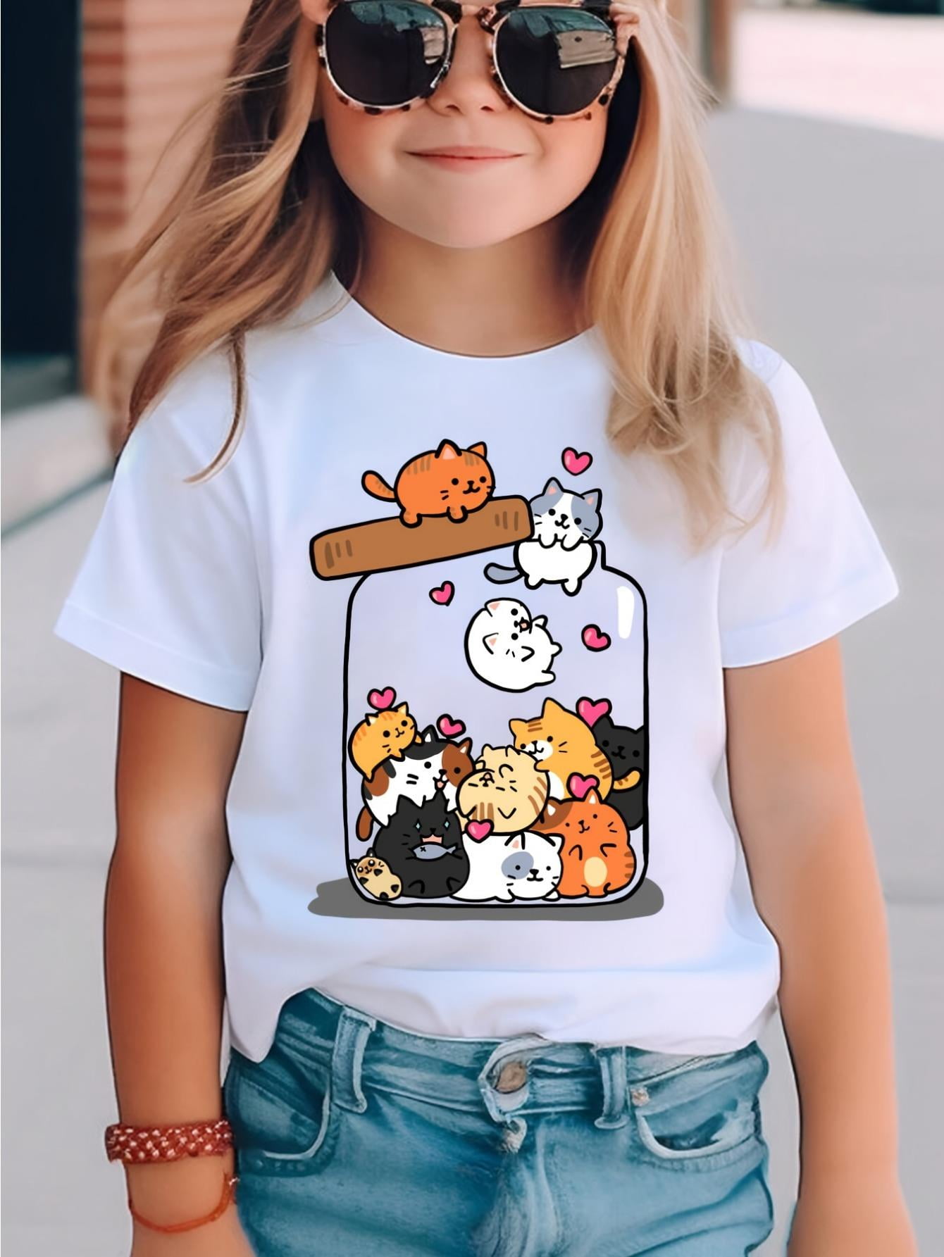 Cats In Bottle Pattern Print Girl's Comfy Short Sleeves Crew Neck T ...