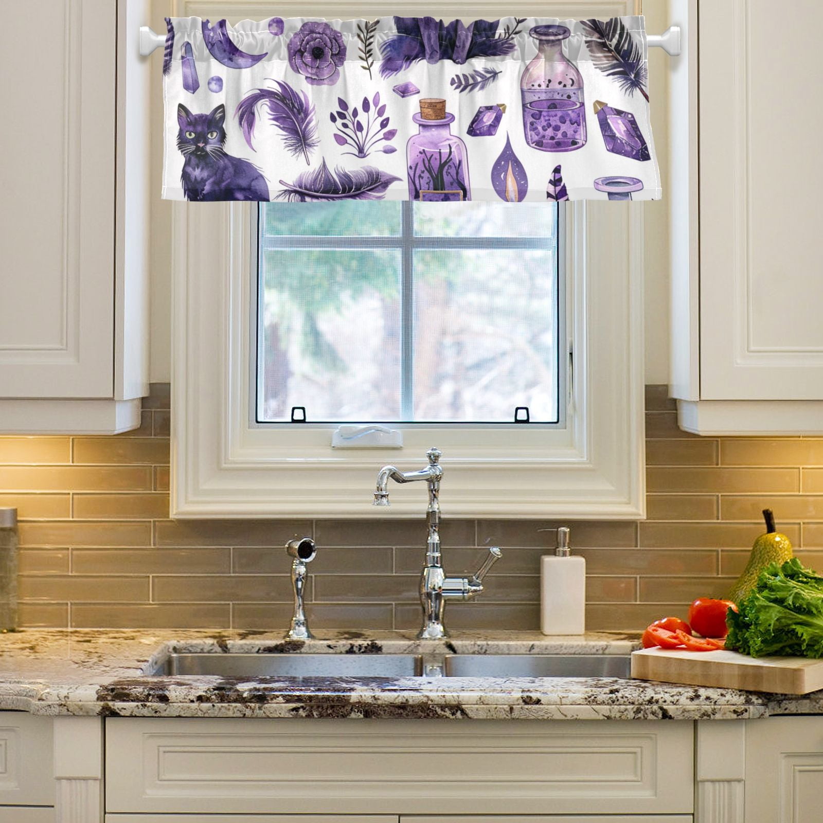 Cats Bottles Leaves Curtain Valances Farmhouse Design Window Treatment ...