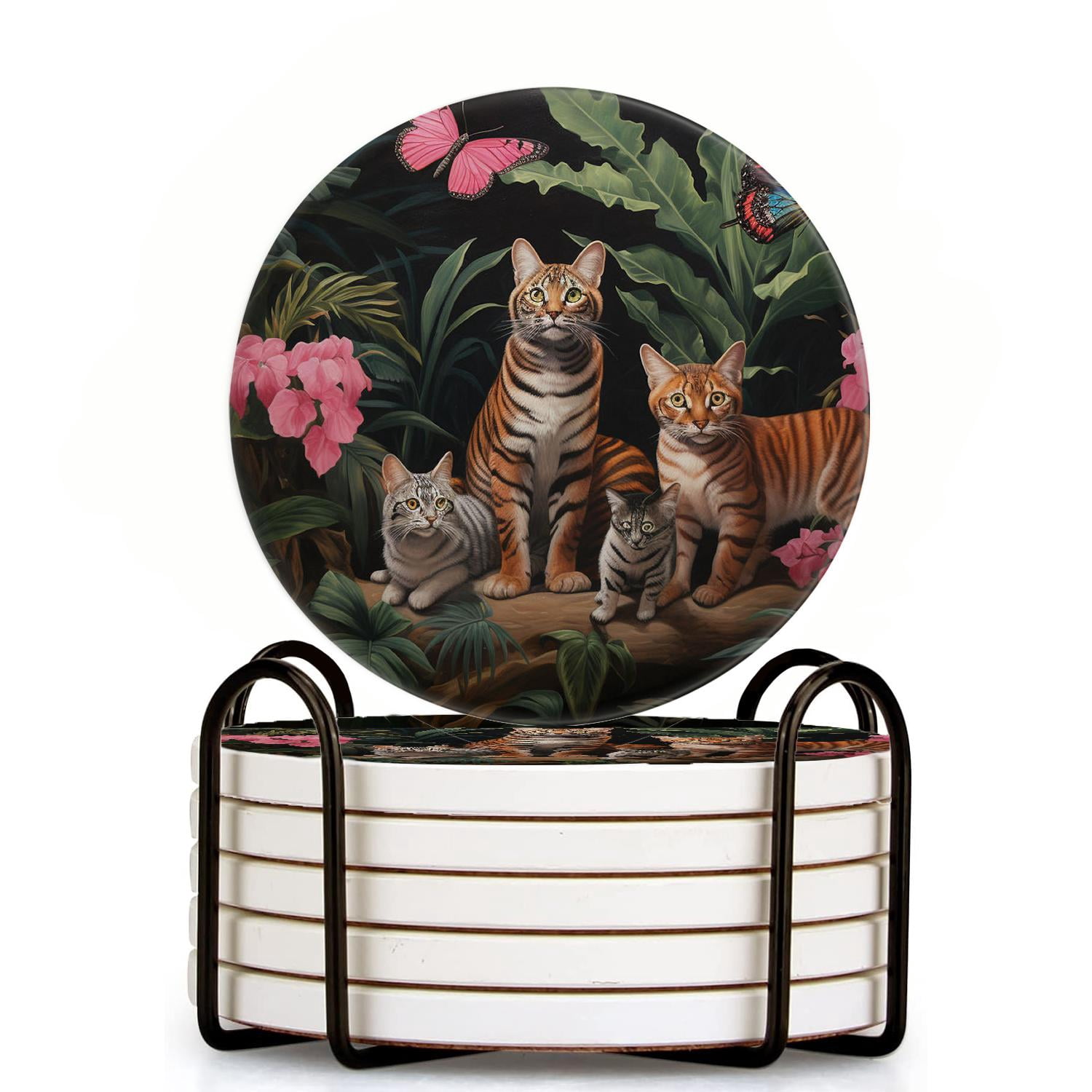 Cats Butterflies Flowers 3D Design Drink Coasters with Holder,Non-Slip ...
