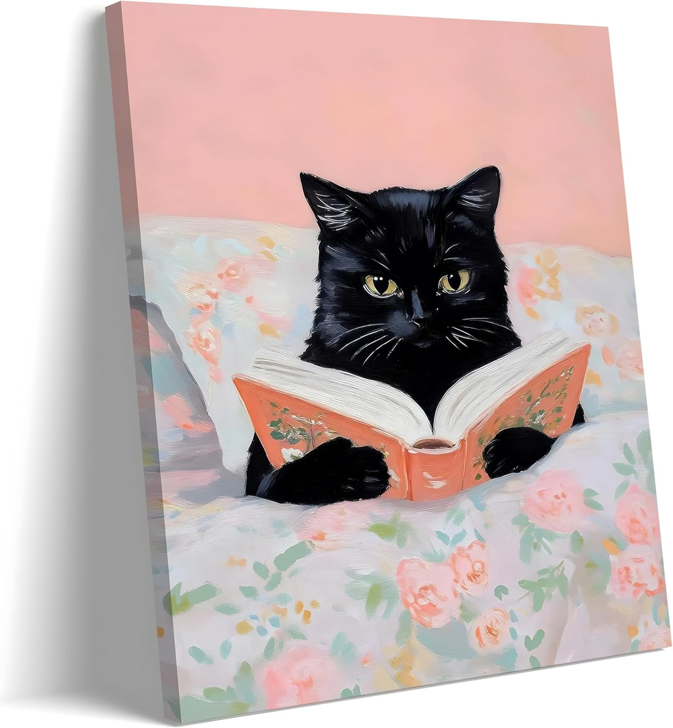Cats Canvas Wall Art, Funn Cat Reading Books Picture Wall Decor, Pink ...