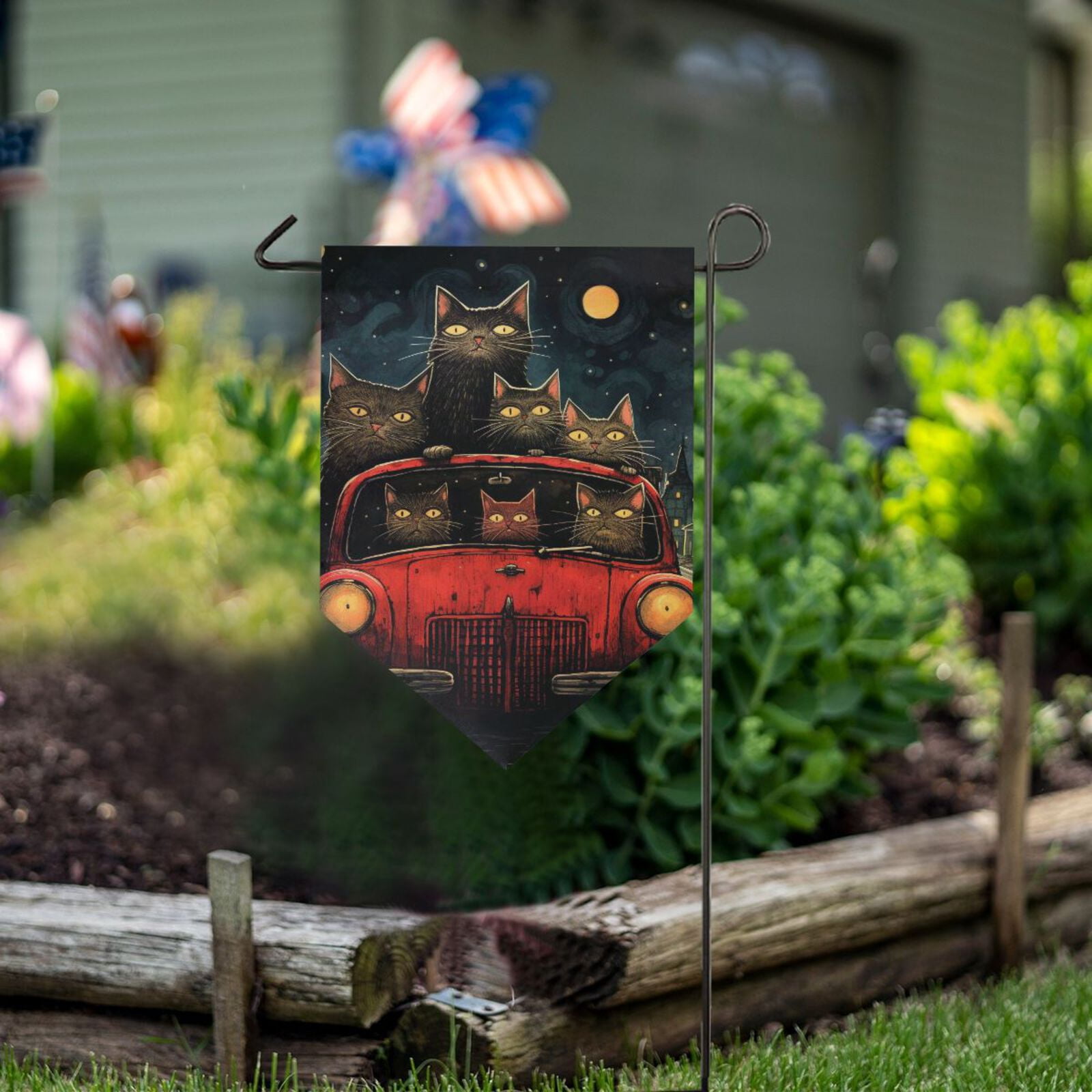 Cats Car Houses Garden Flag 18" x 12.5" Double Sided Yard Lawn Outdoor ...