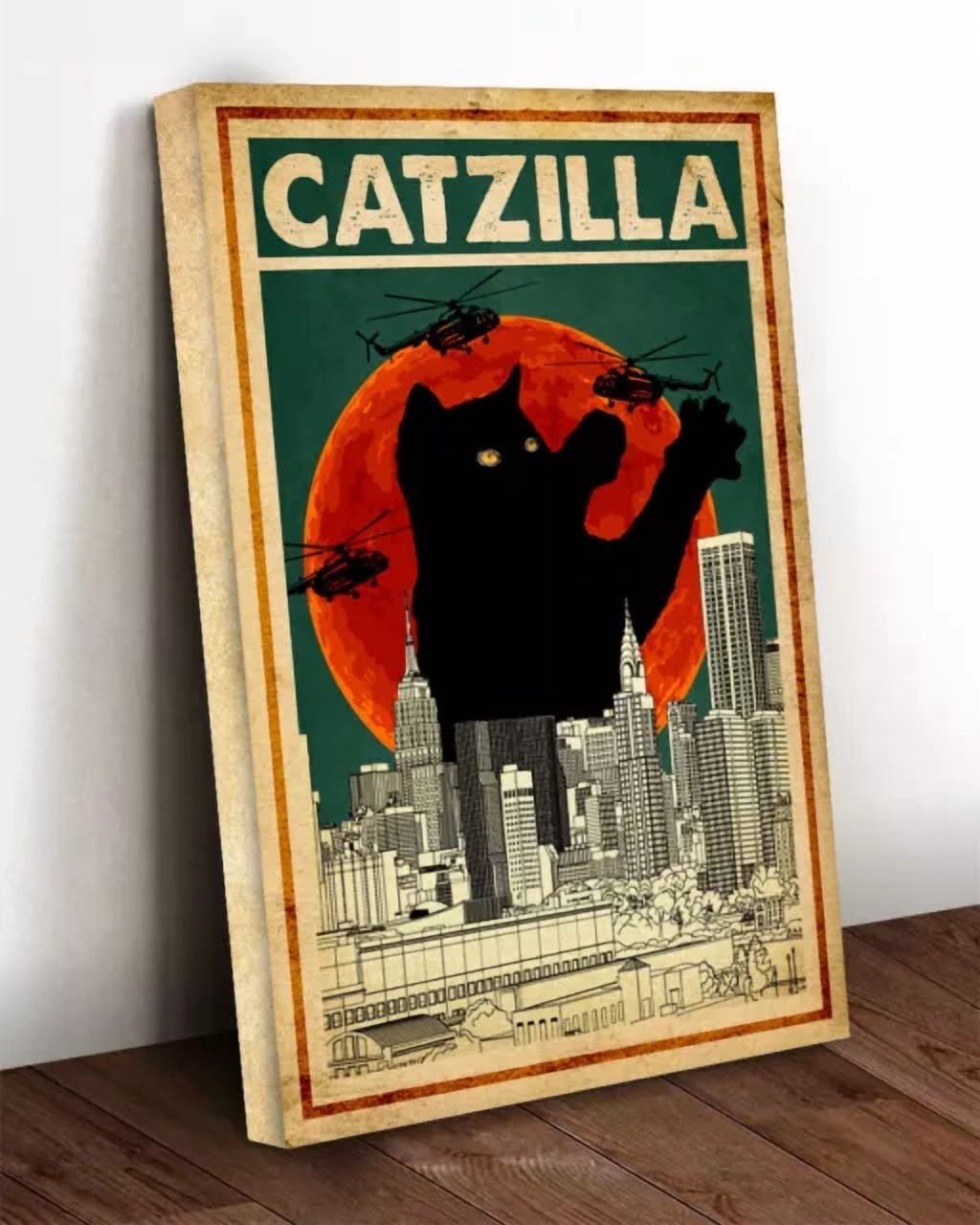 Cats City Helicopter Cat Catzilla Red Moon Cat Poster Home Decor ...