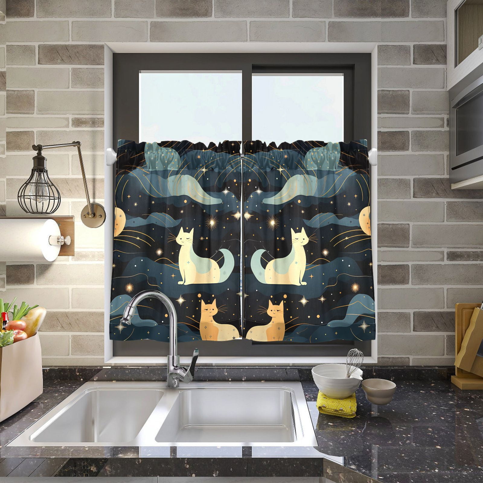 Cats Clouds Stars Kitchen Curtains Half Tier Curtain 2 Rod Pockets ...