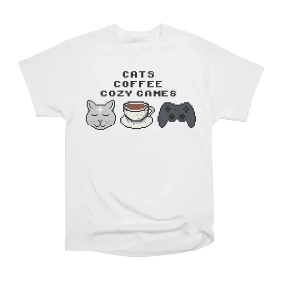 Cats Coffee Cozy Games Cute 8 Bit Retro Pixel T-Shirt Tee Gift For Him ...