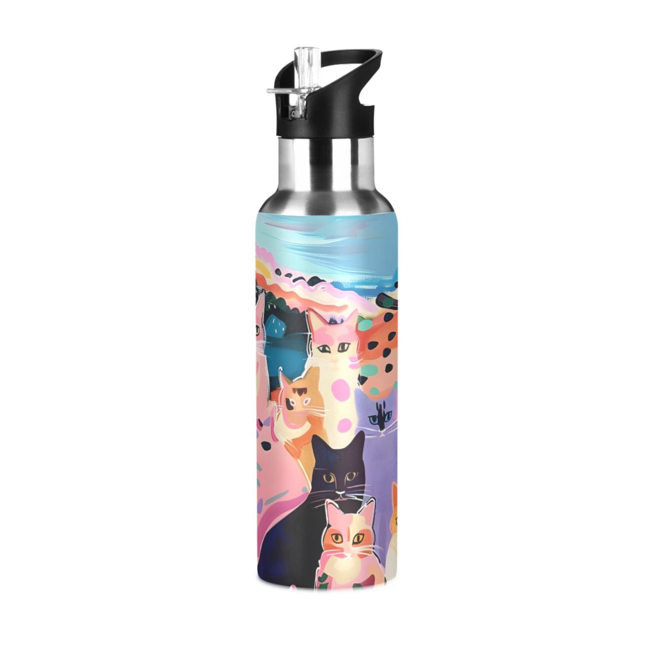 Cats Colorful Gouache Sports Bottle with Straw Stainless Steel Water ...
