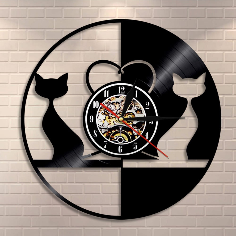 Cats Couple Modern Wall Clock Black Cats Silhouette Wall Decor Kittens ...