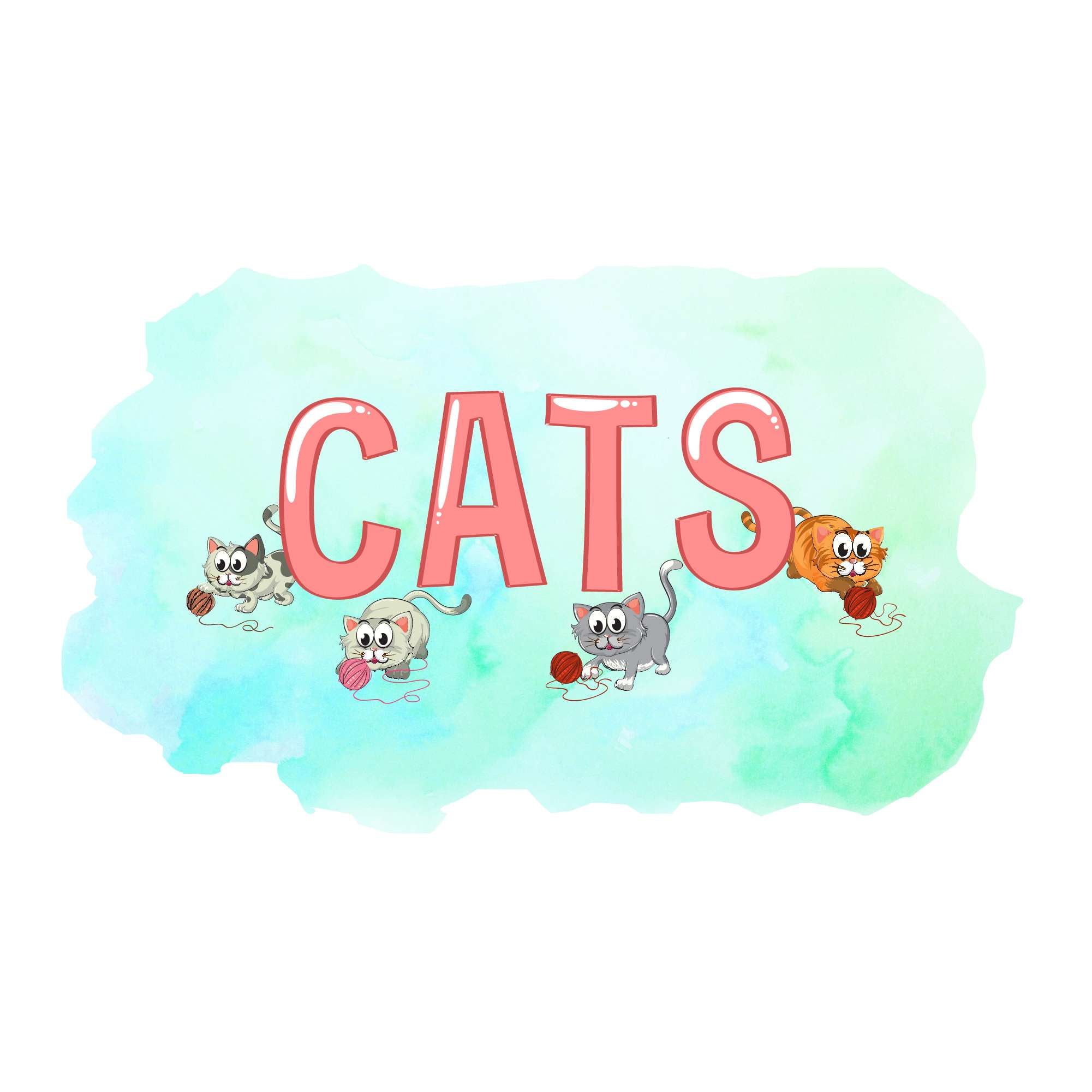 Cats Cute Cats Playing with Woolen Balls Watercolor Design Wall Art ...
