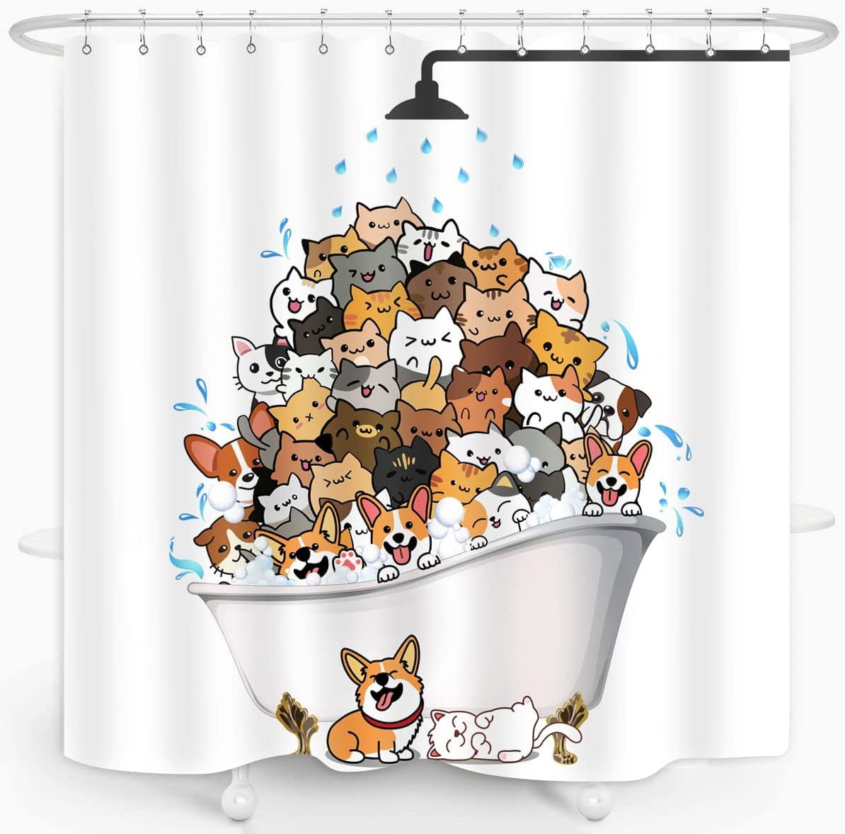 Cats and Dogs Shower Curtain Funny Cartoon Corgi Cute Animal Pets in ...